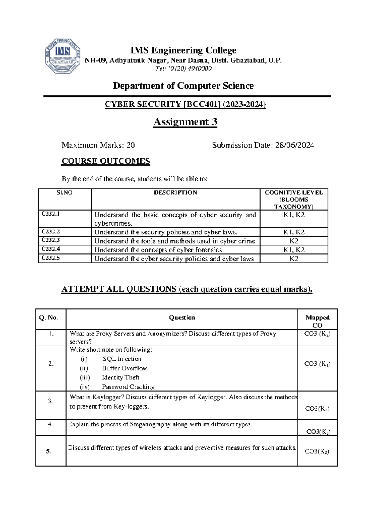 Assignment 3 cyber security - IMS Engineering College NH-09, Adhyatmik Nagar, Near Dasna, Distt ...