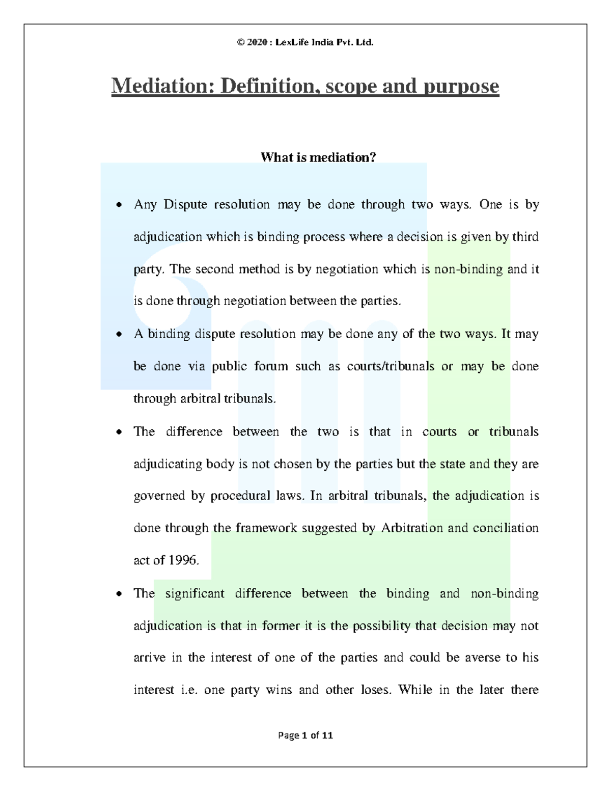 Module 5 - ADR COURSE MATERIAL - Mediation: Definition, scope and ...