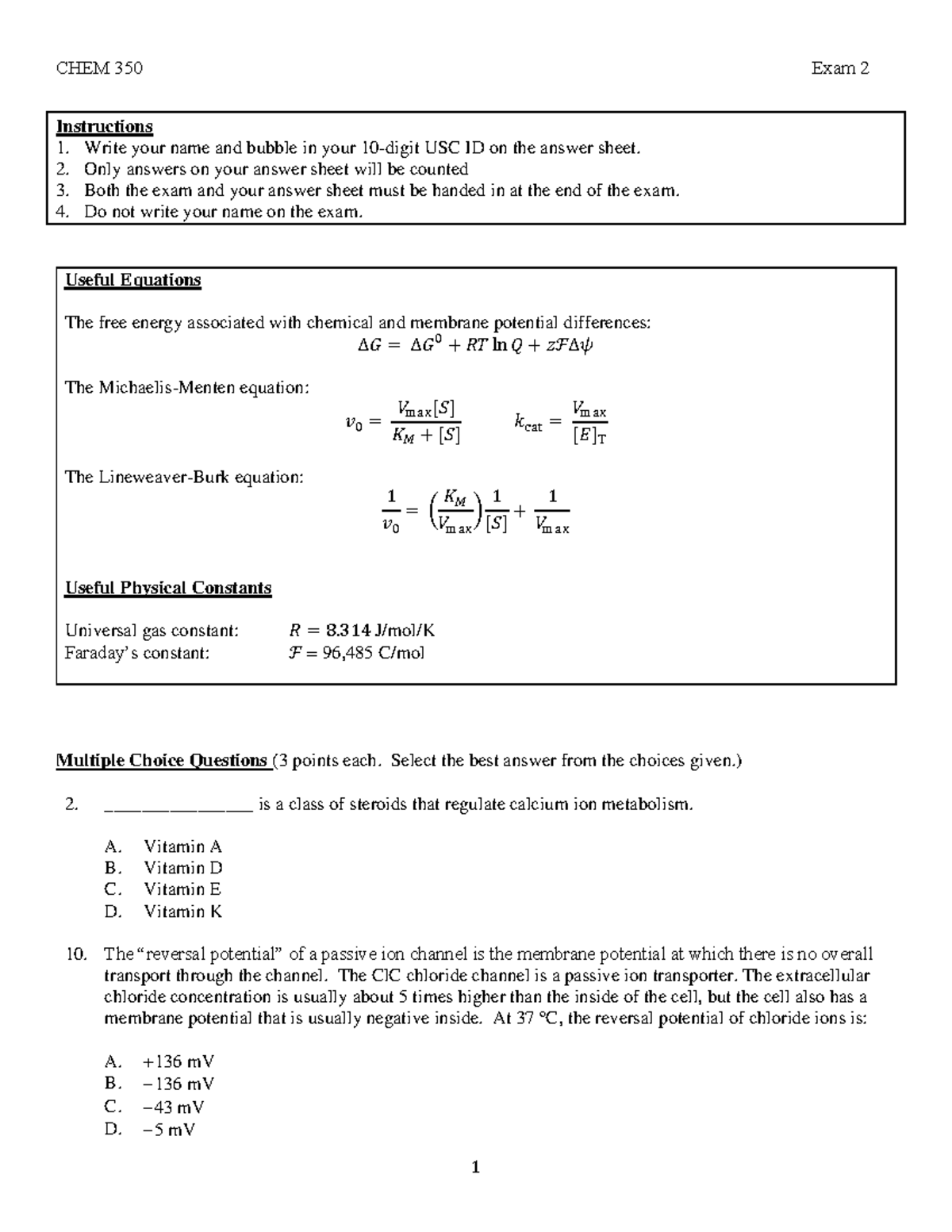 E2 sample questions - Instructions Write your name and bubble in your ...