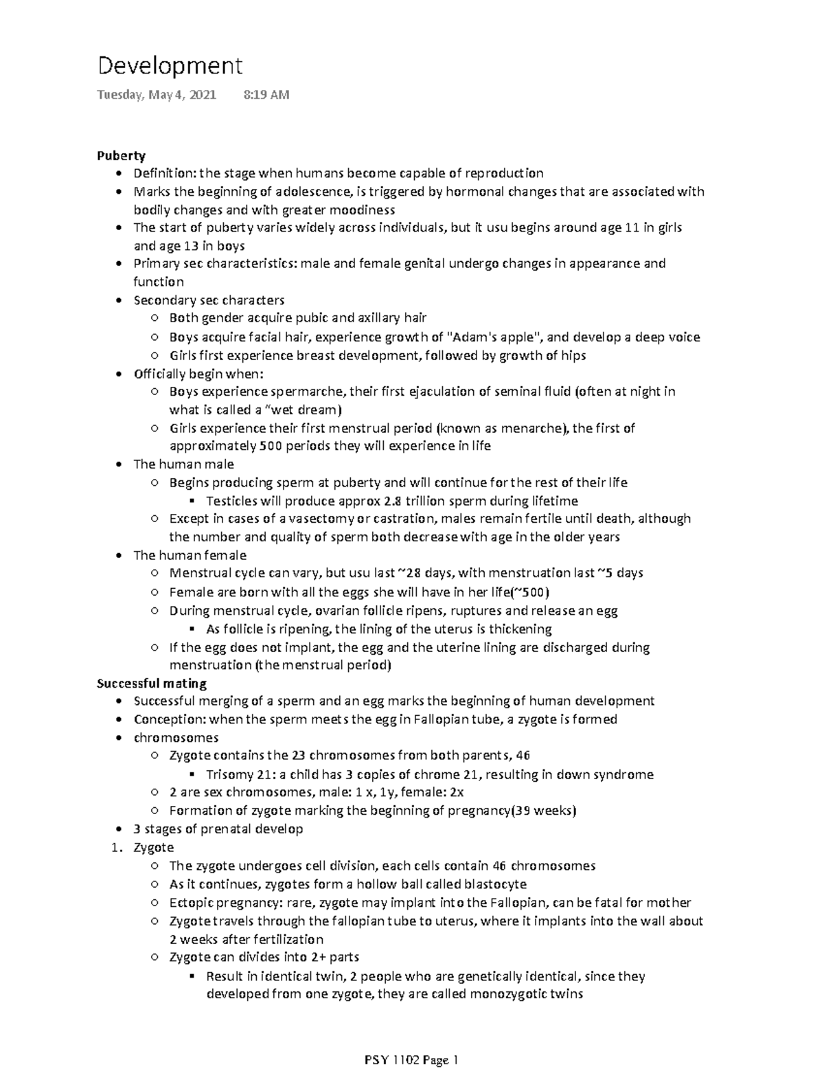 PSY 1102 all lectures notes - Puberty - Definition: the stage when ...