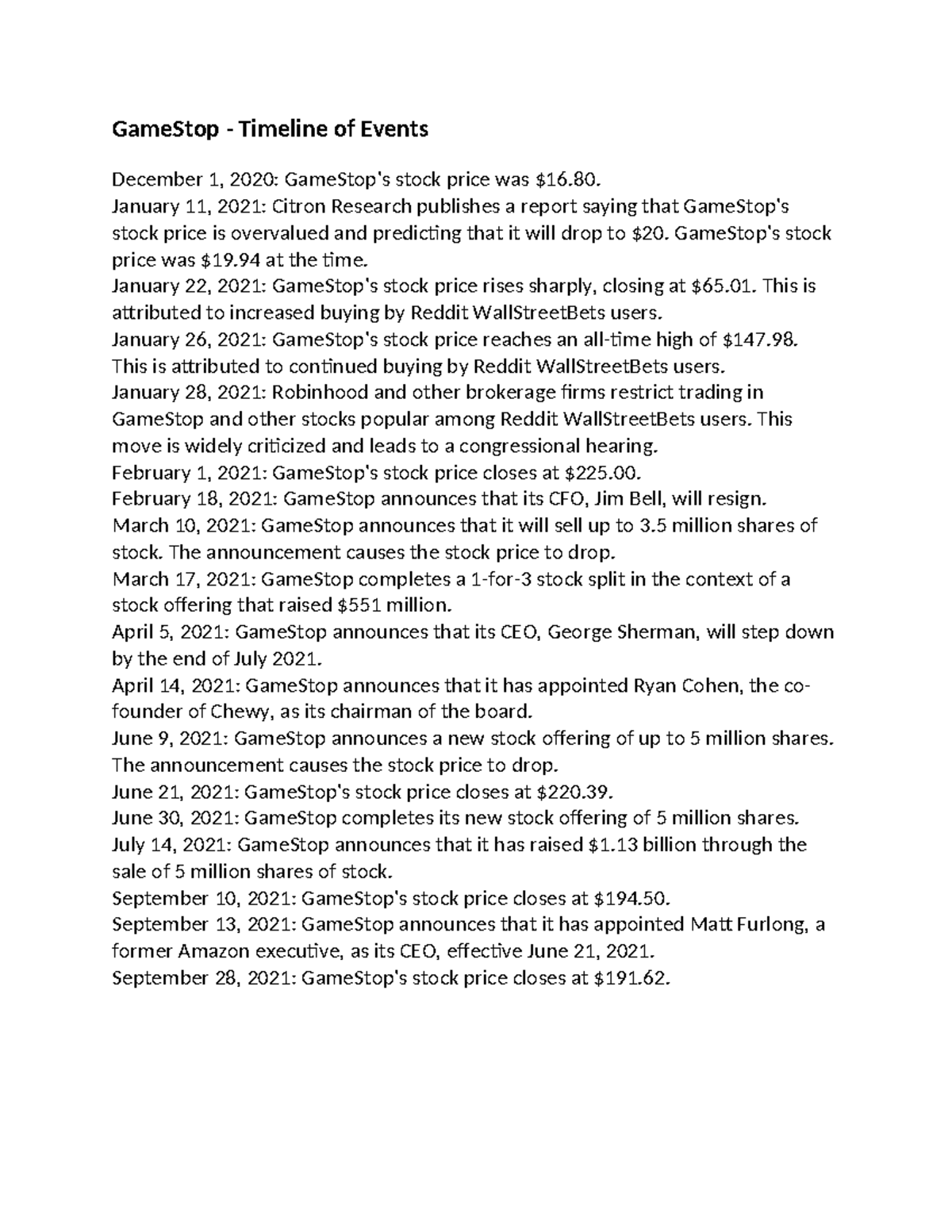 Game Stop - Study of Game Stop stock - GameStop - Timeline of Events ...