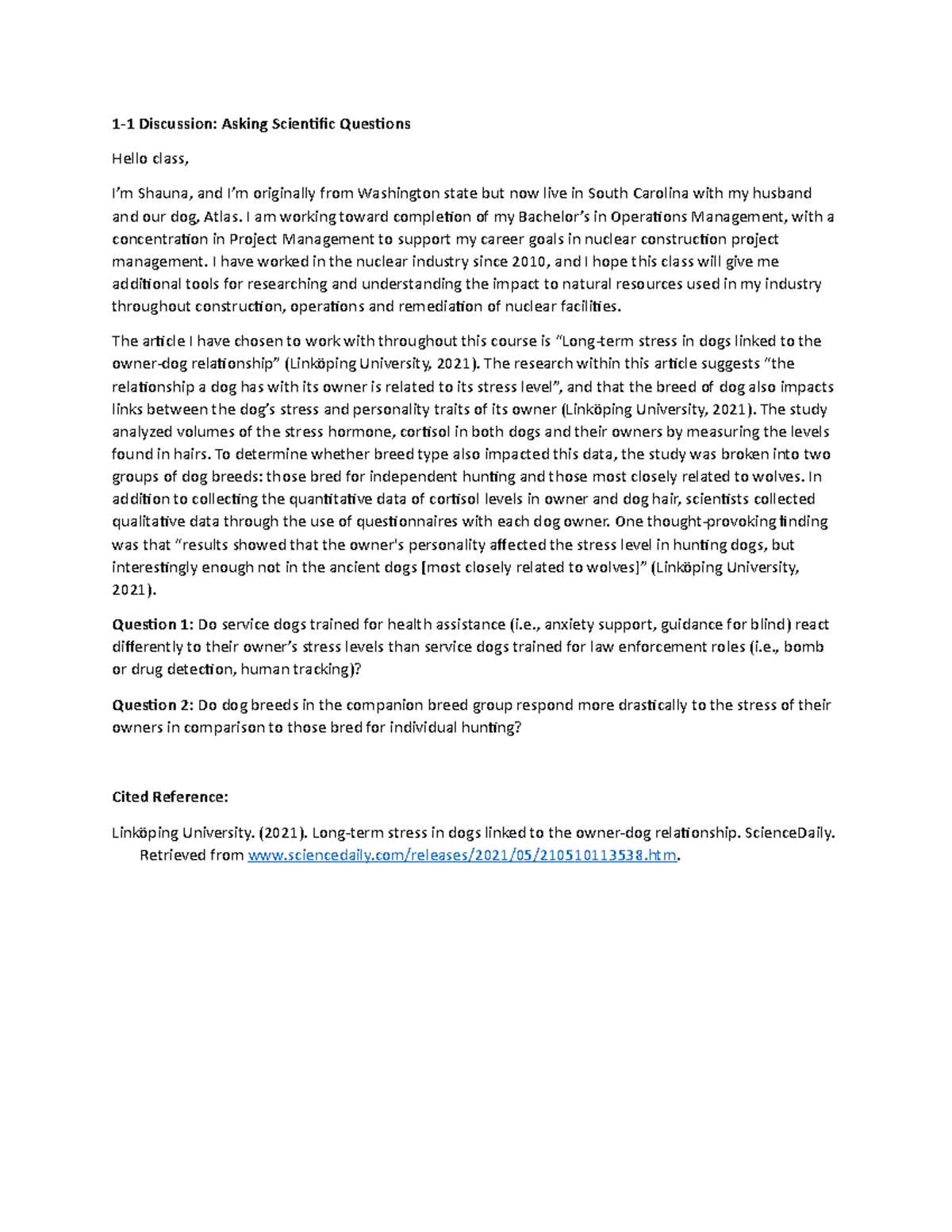 SCI-100 Discussion 1 - 1-1 Discussion: Asking Scientific Questions ...