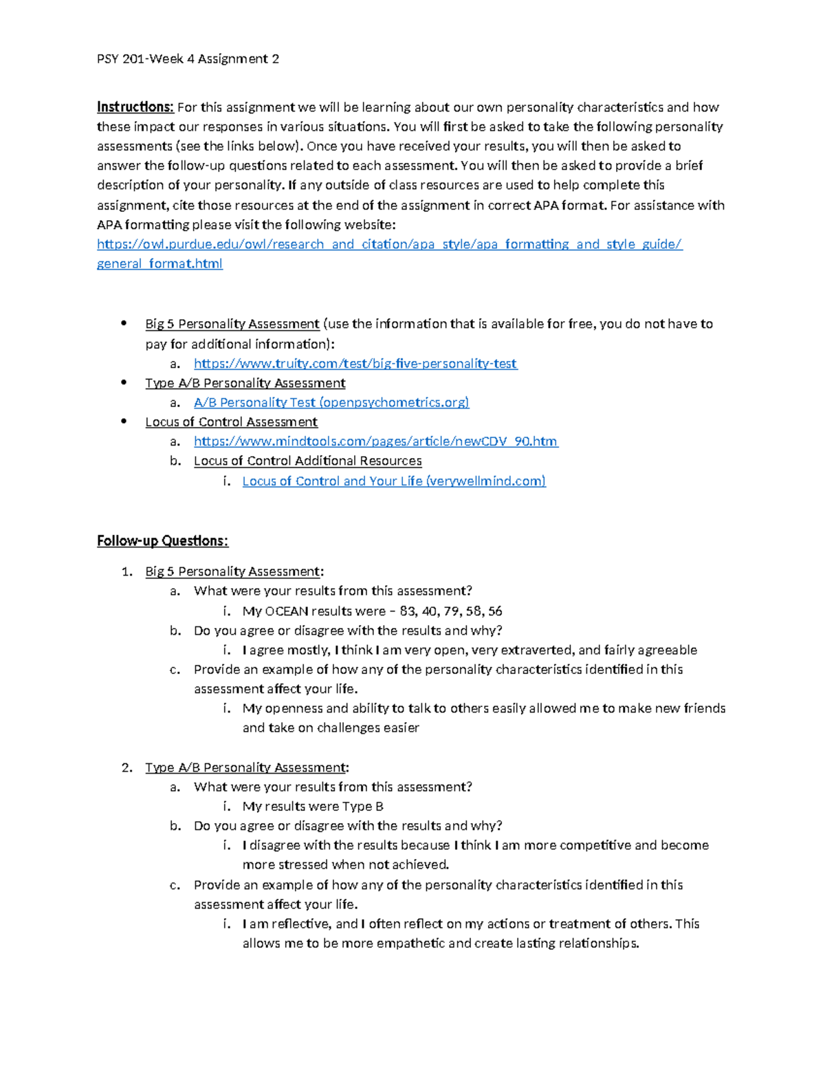 W4a2 PSY 201 - PSY 201 - PSY 201-Week 4 Assignment 2 Instructions: For ...