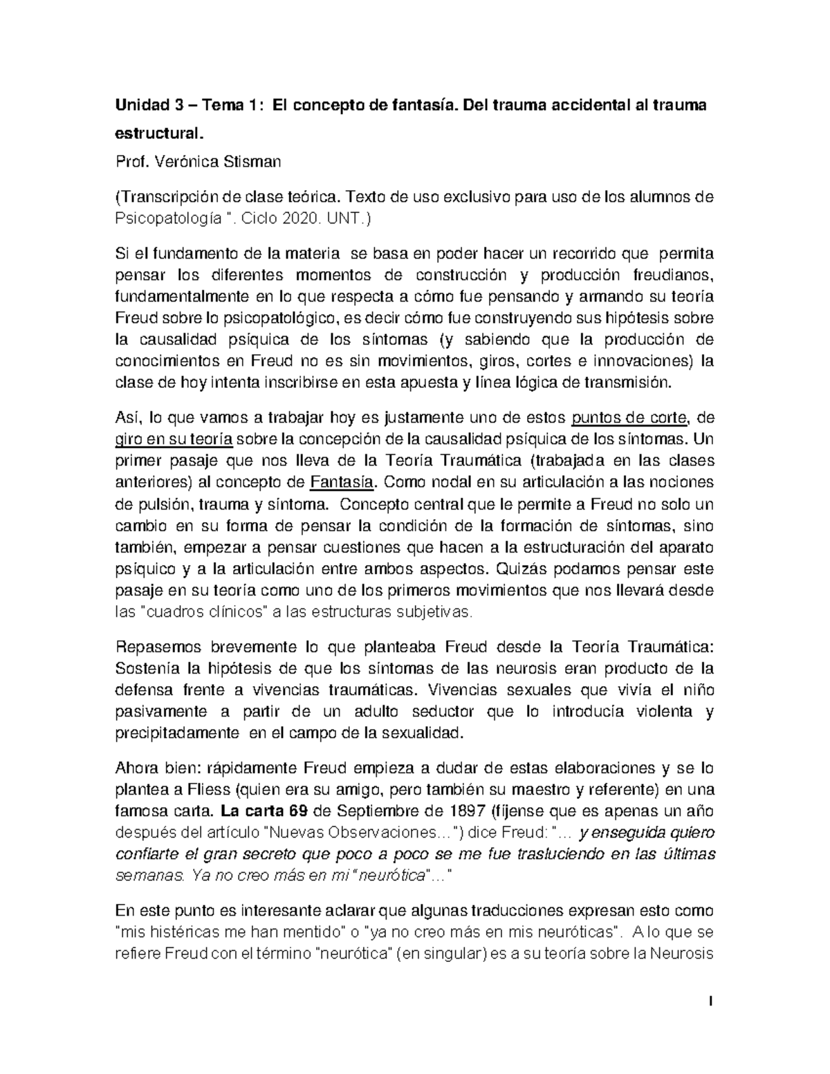 T5. El conceptos de fantasía - Del trauma accidental al trauma estructural. Prof. Verónica ...