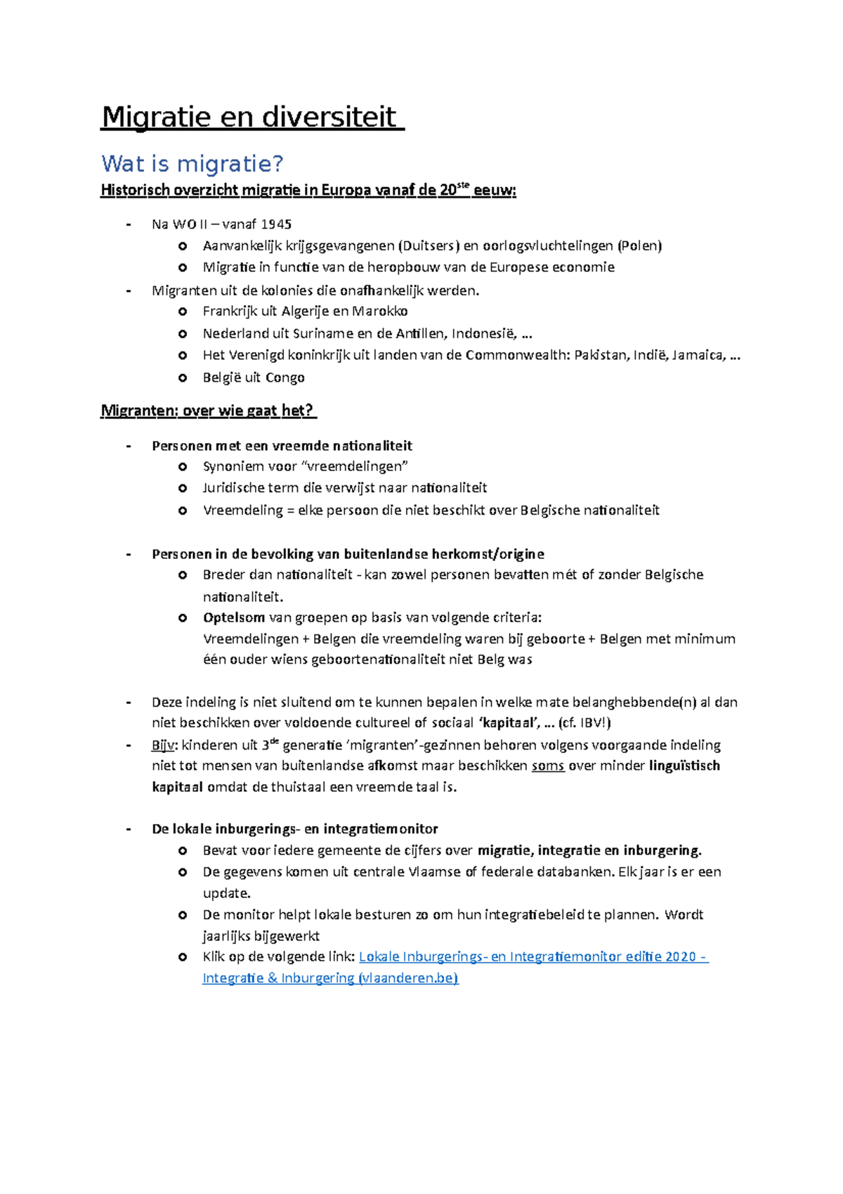 Samenvatting migratie en diversiteit - Migratie en diversiteit Wat is migratie? Historisch ...