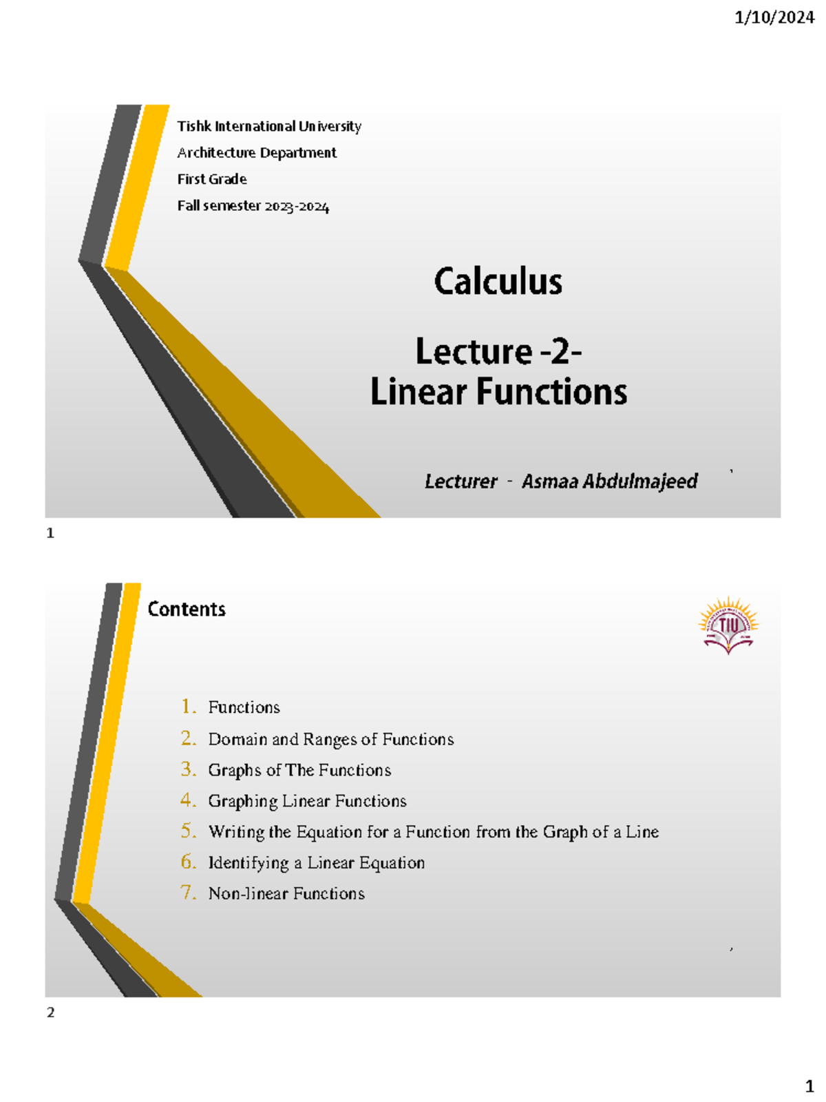 Lecture 2 Calculus Linear Functions - Tishk International University ...