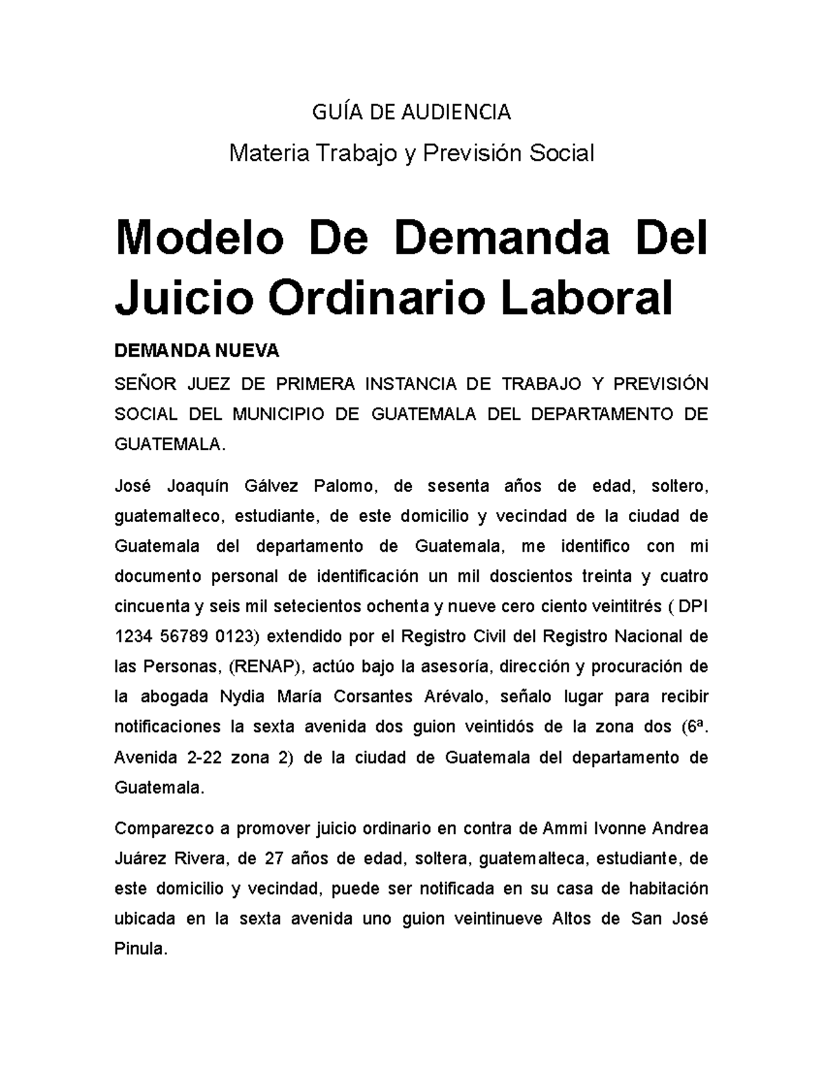 Demanda Laboral Clase Derecho Laboral Upana Licda Nydia - GUÍA DE ...