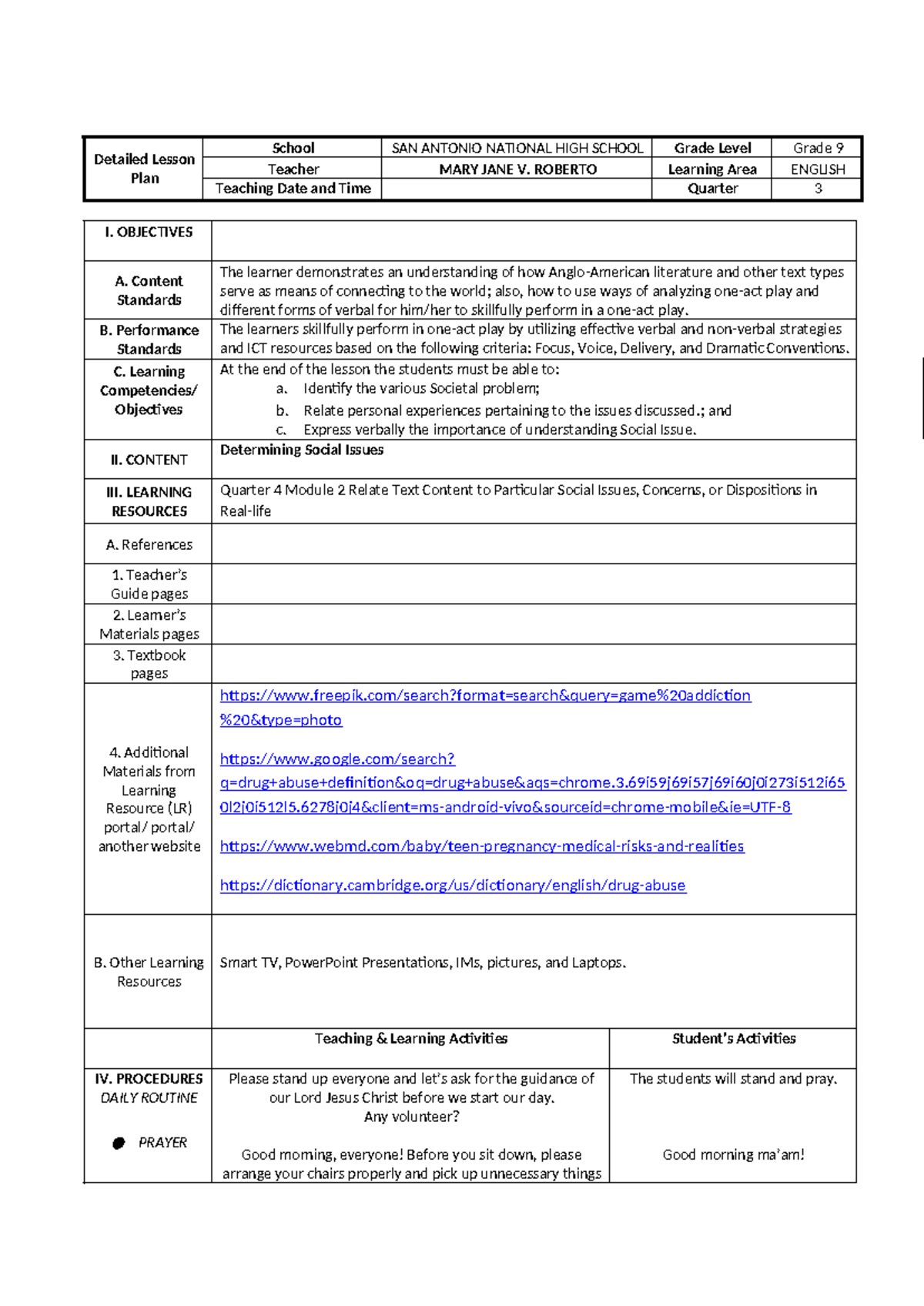 LP12- Social Issues - Detailed lesson plan - Detailed Lesson Plan ...