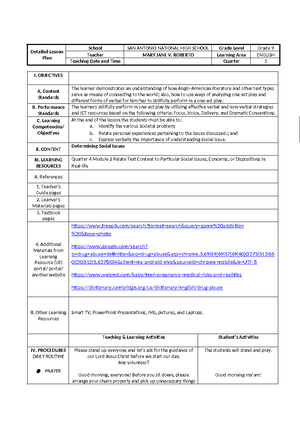 Sample Detailed Lesson Plan Week 1 - Detailed Lesson Plan in English 9 ...