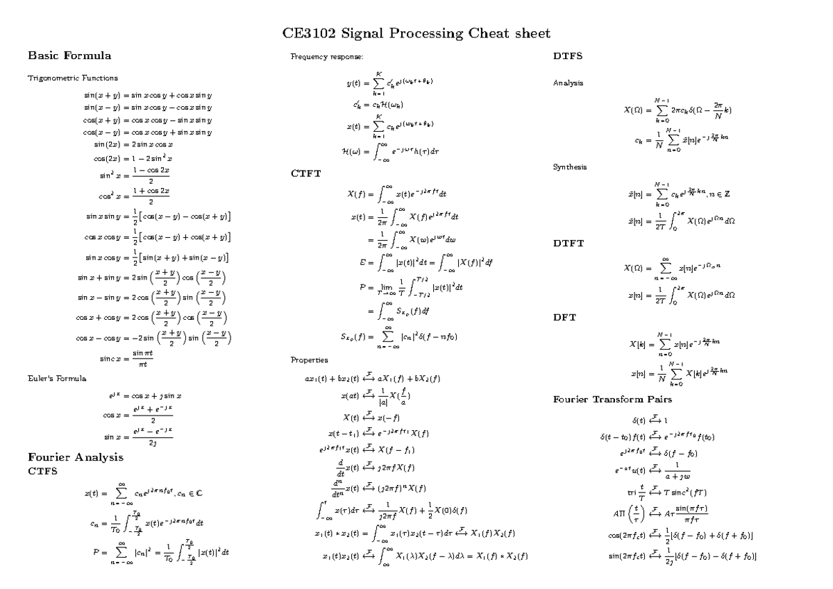Cheatsheet - CE3102 Signal Processing Cheat sheet Basic Formula ...