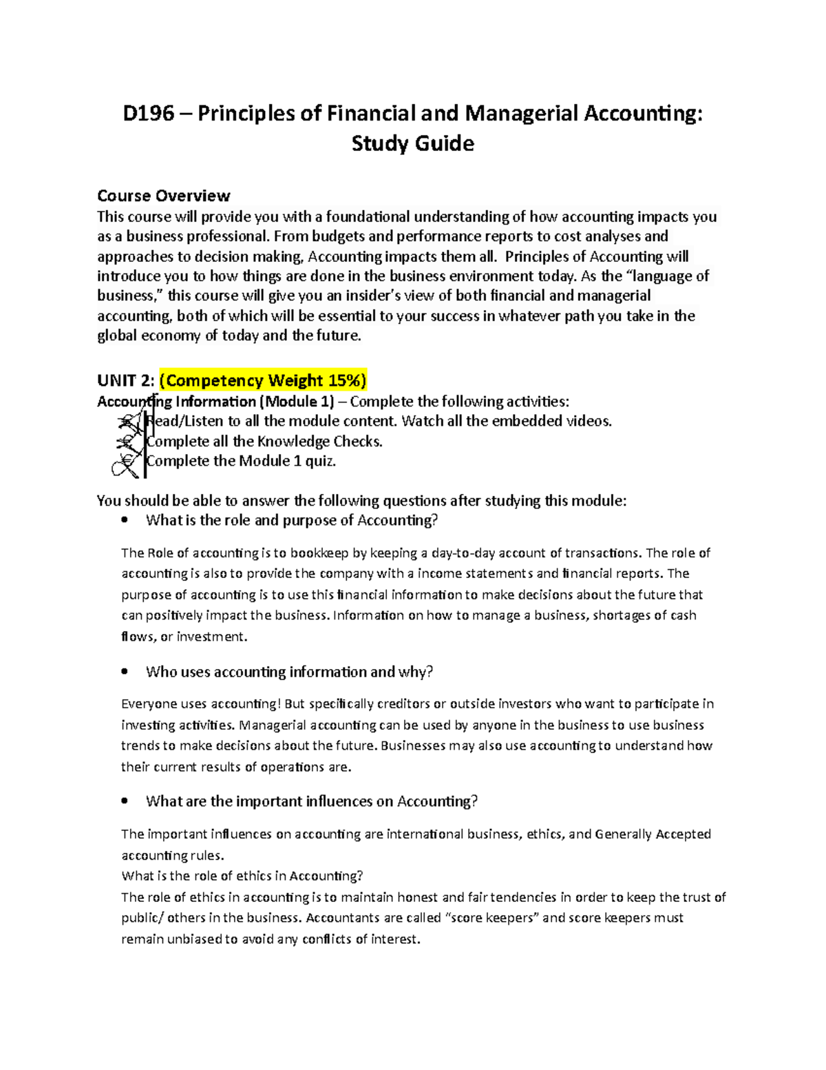 D196 Study Guide - D196 – Principles of Financial and Managerial ...