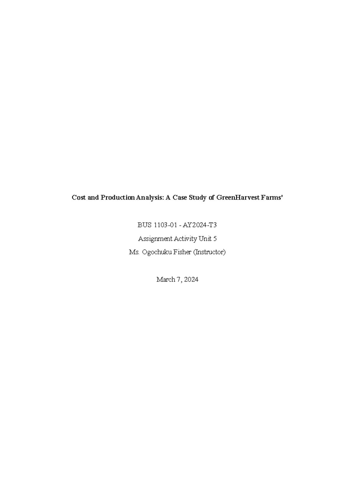 Cost and Production Analysis A Case Study of Green Harvest Farms - Cost ...