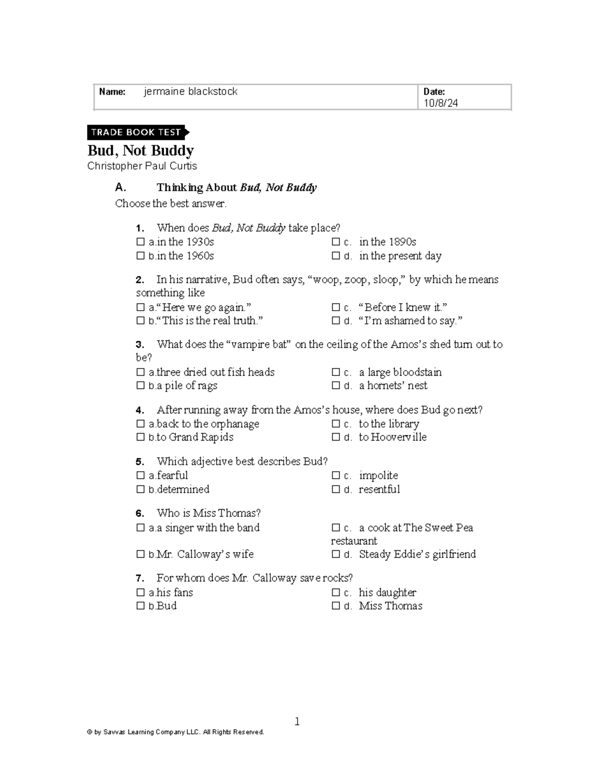 Copy of Copy of LIT ANC RG Bud Not Buddy Test - Name: jermaine ...