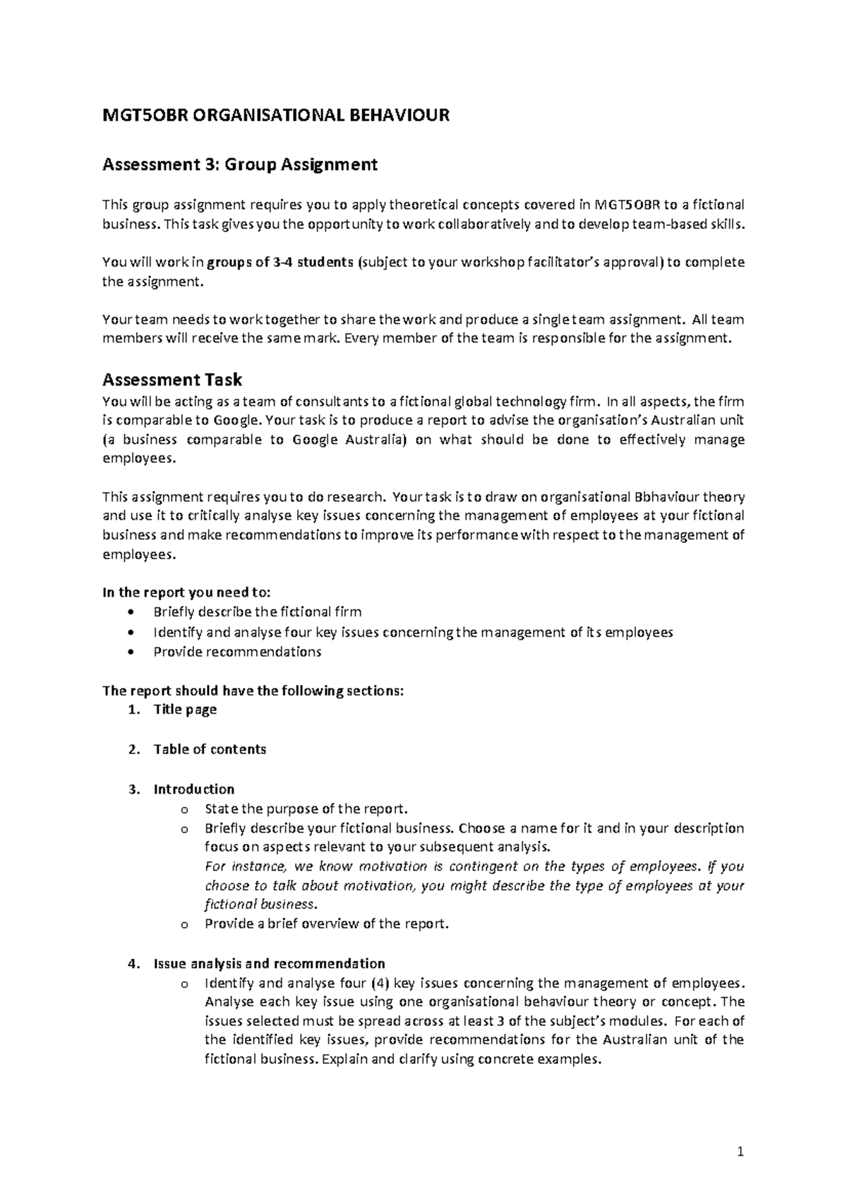 MGT5OBR Group Assignment Instructions - 1 MGT5OBR ORGANISATIONAL ...