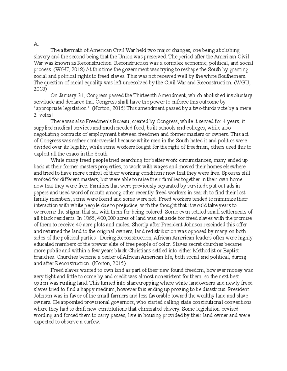 Task 3 - Passed on first attempt - A. The aftermath of American Civil ...