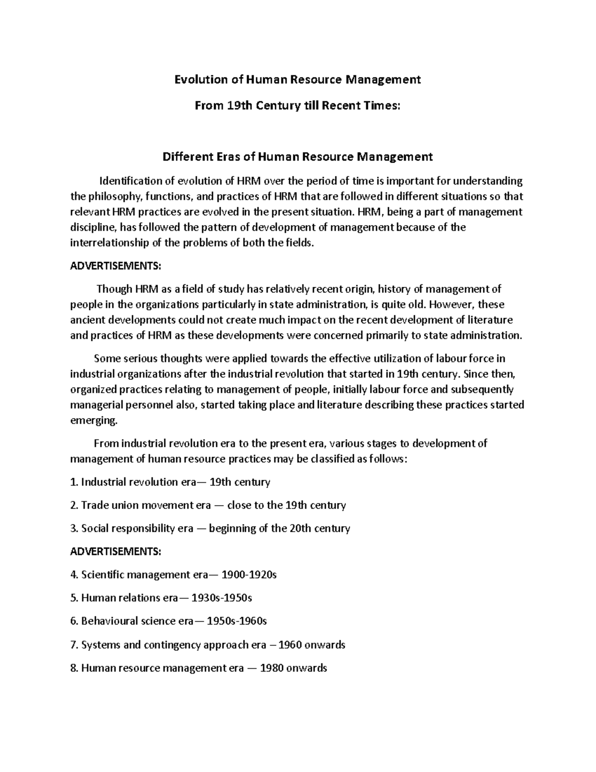 Different Eras of Human Resource Management - Evolution of Human ...