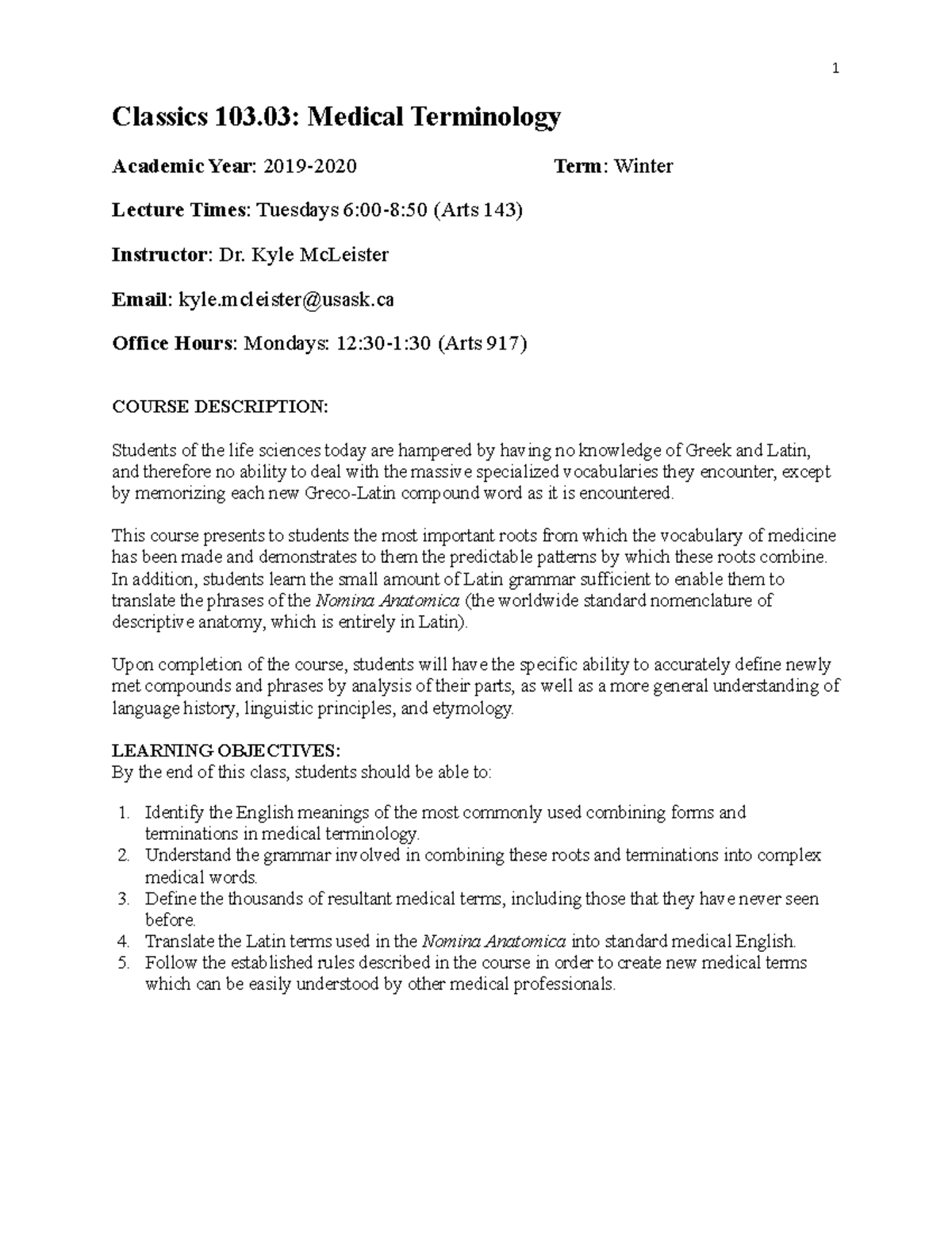 Syllabus - Medical Terminology - Classics 103: Medical Terminology ...