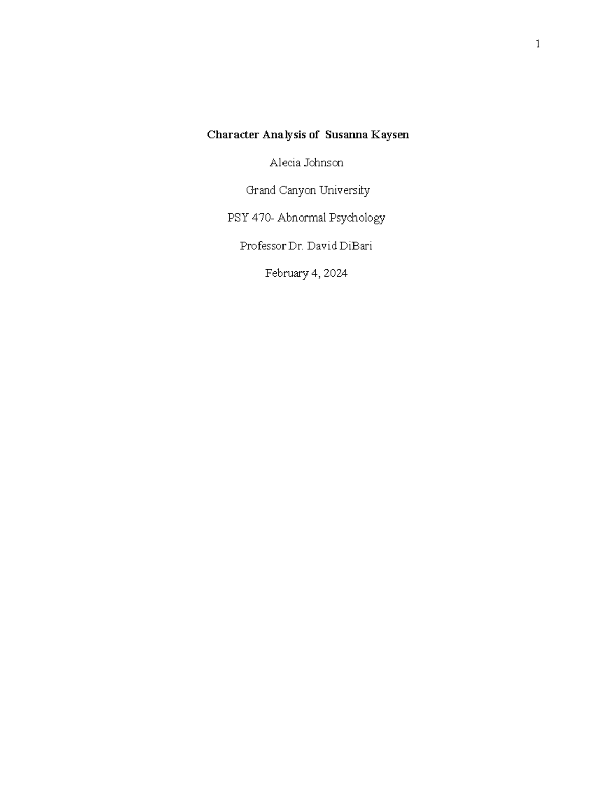 PSY 470 Character Analysis Paper - Character Analysis of Susanna Kaysen ...