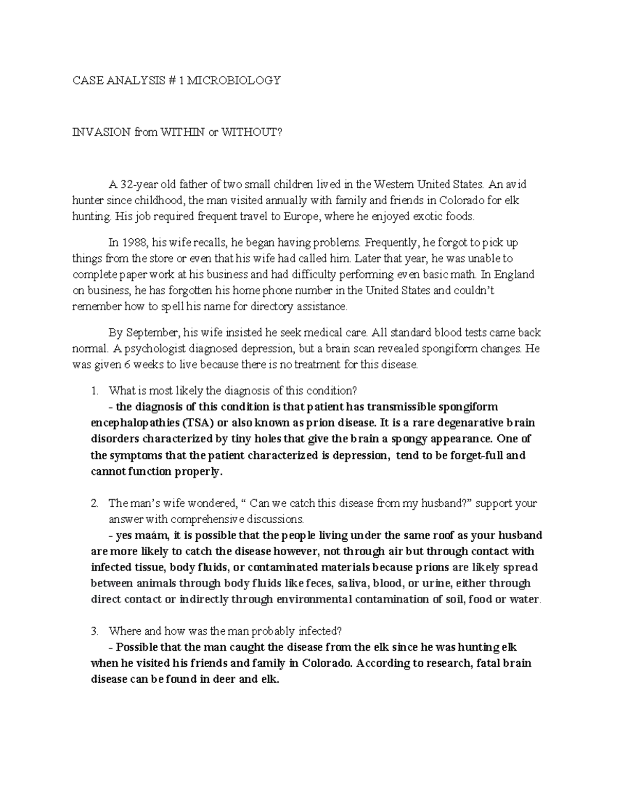 CASE Analysis # 1 Microbiology - CASE ANALYSIS # 1 MICROBIOLOGY ...