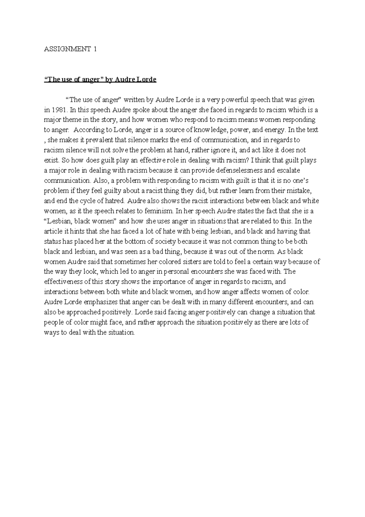 GWST Assignment 1 - Essay on “The use of anger” by Audre Lorde ...