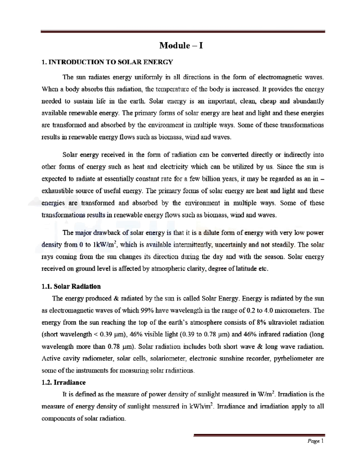 EET435 Module 1 - Module I 1. INTRODUCTION TO SOLAR ENERGY The sun ...