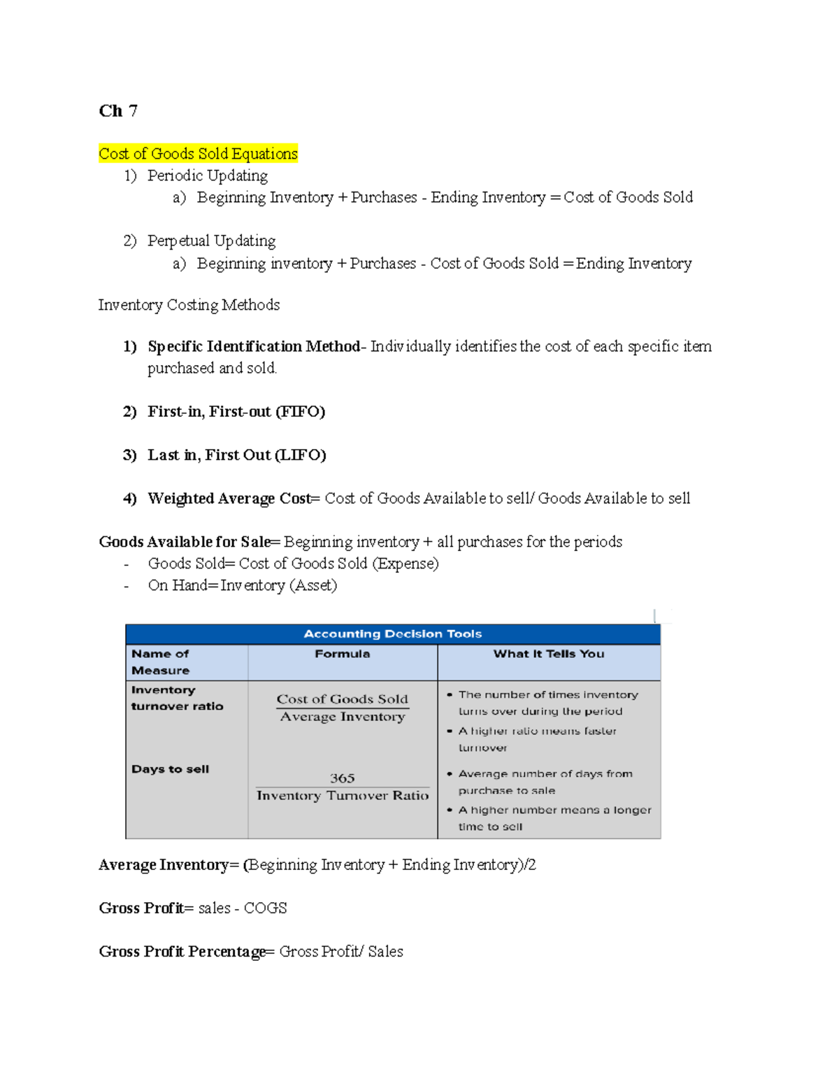 Exam 3 Review Acc - Ch 7 Cost of Goods Sold Equations 1) Periodic ...