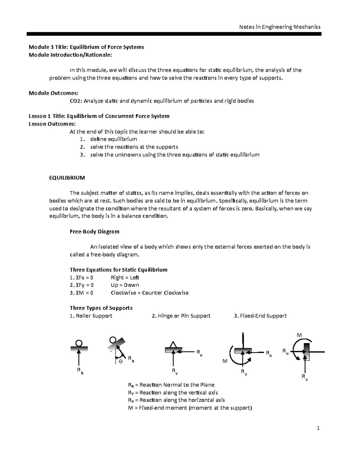 Module 3- equilibrium of force systems - Module 3 Title: Equilibrium of Force Systems Module ...