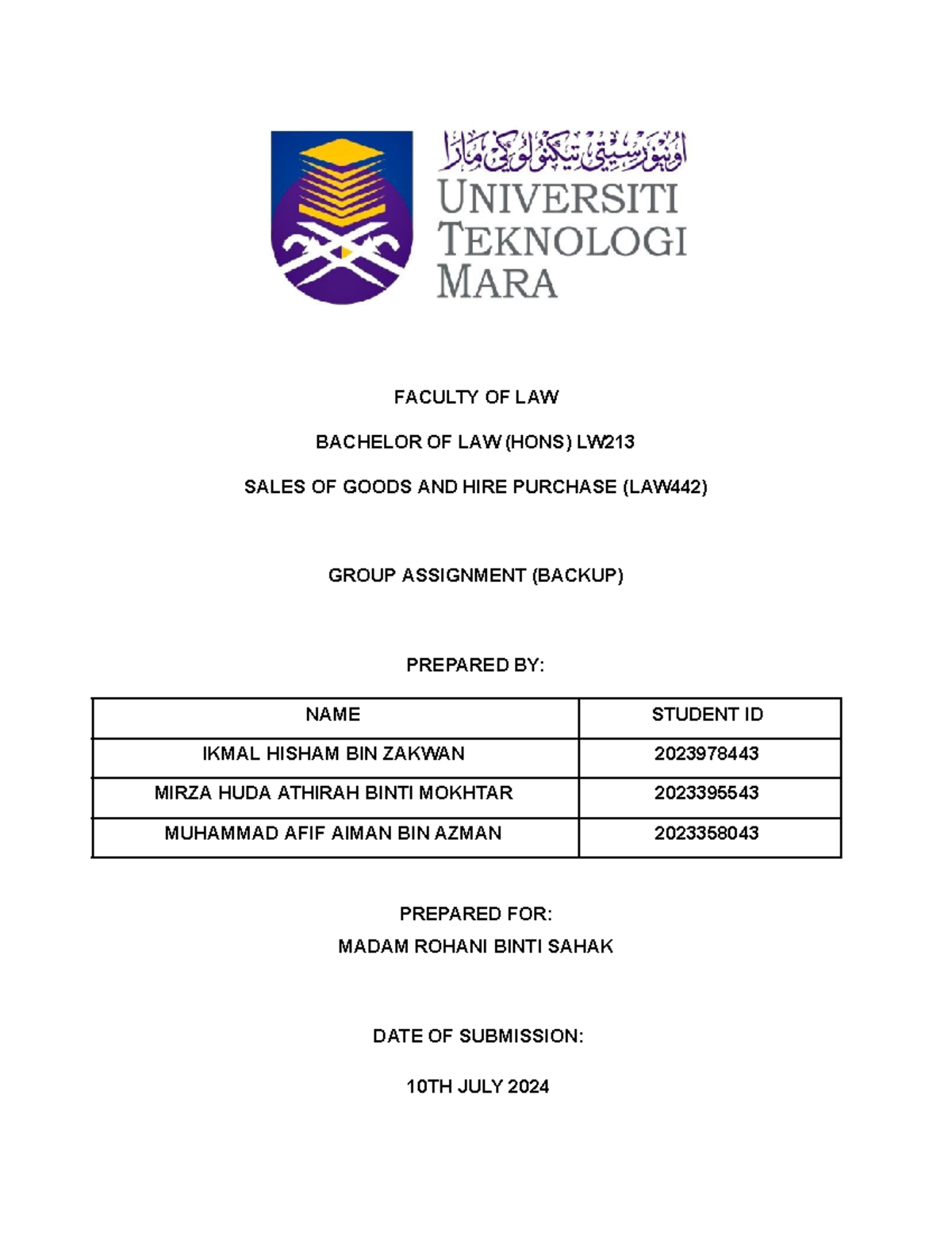 Group Assignment (Backup) - FACULTY OF LAW BACHELOR OF LAW (HONS) LW ...