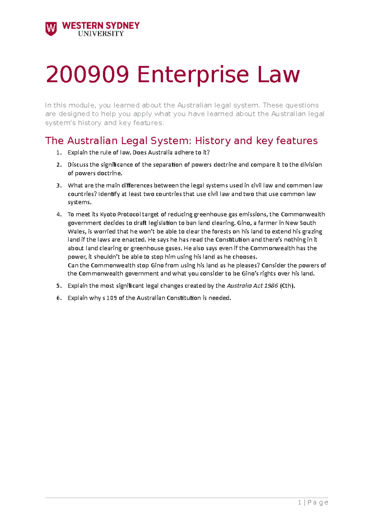 Module 1 Discussion revision questions - 200909 Enterprise Law In this ...