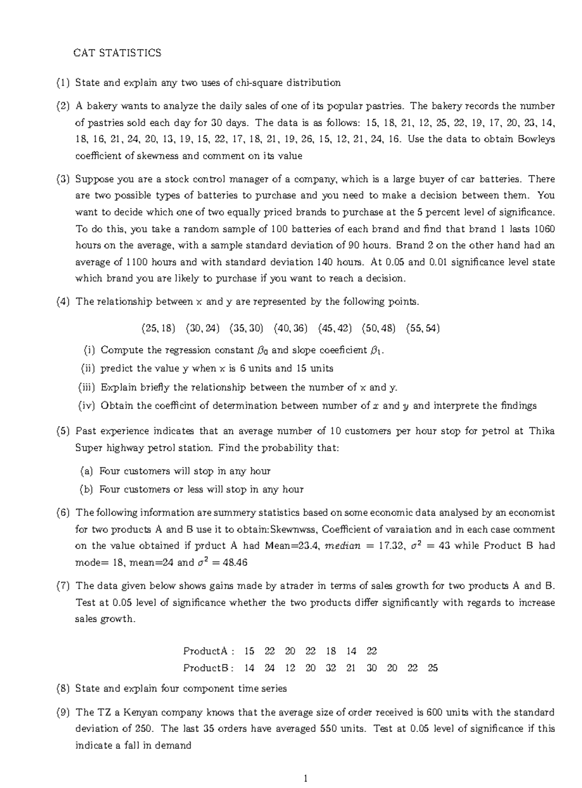 CAT Statistics BENT1 - A revision practice - CAT STATISTICS (1) State ...