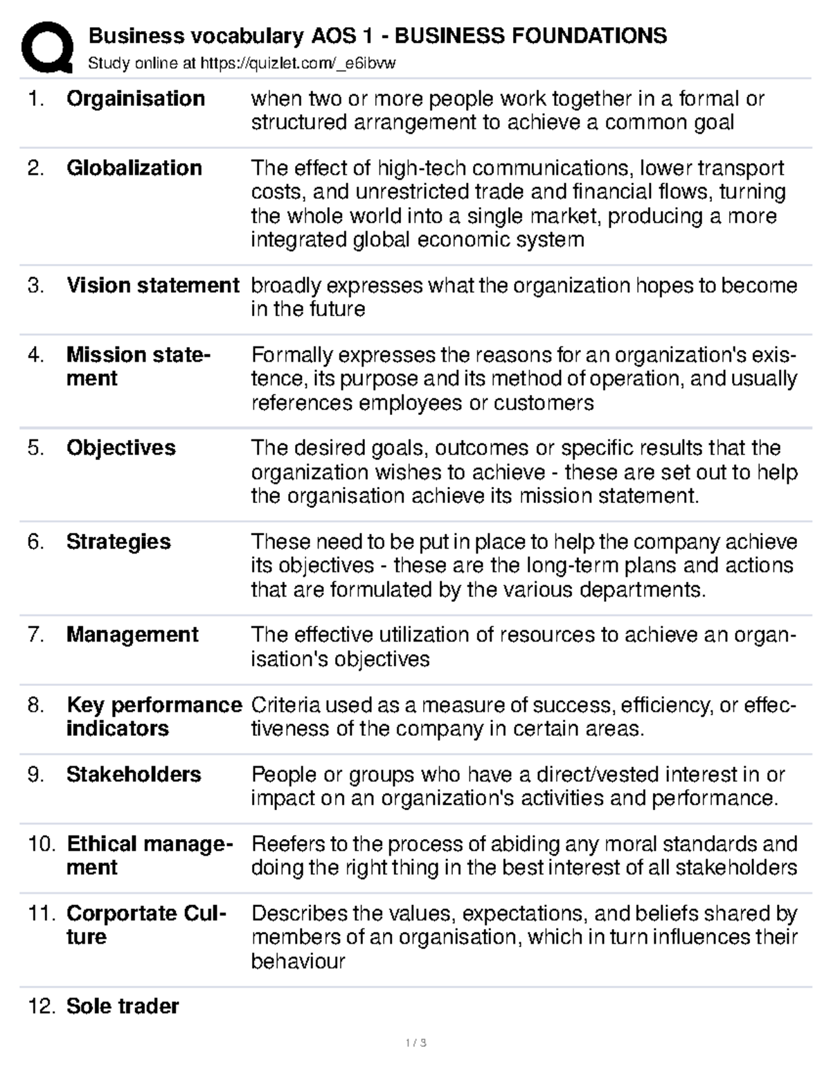 Business foundations key vocab - Business vocabulary AOS 1 - BUSINESS ...