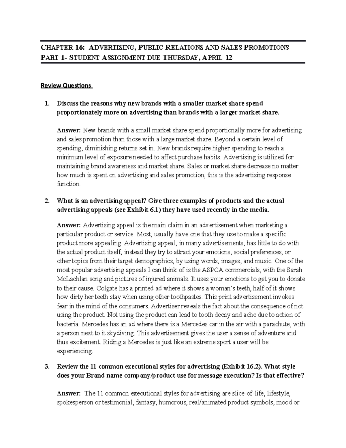 Chapter 16 Marketing Assignment - CHAPTER 16: ADVERTISING, PUBLIC ...