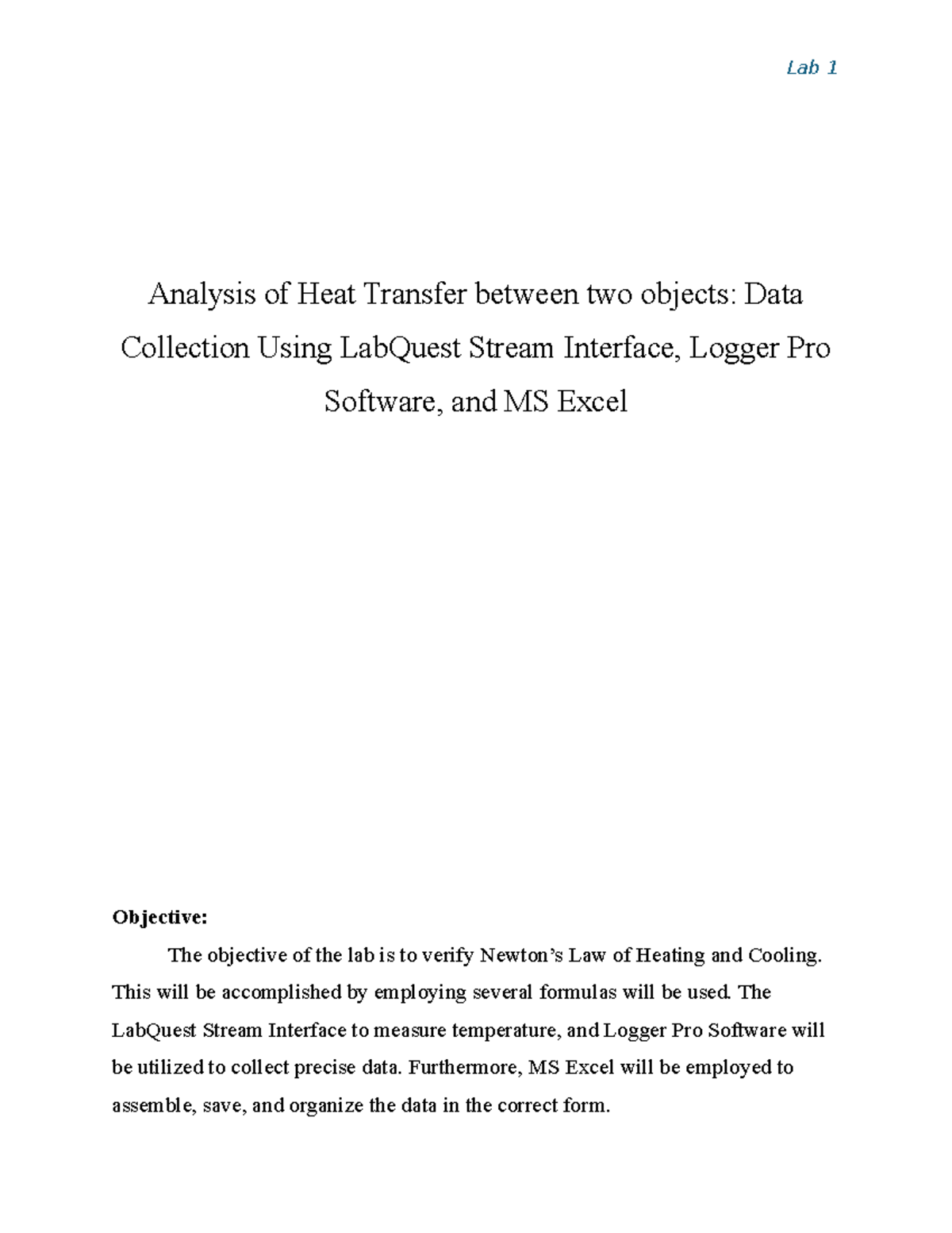 PHYS LAB 1 Report - Analysis of Heat Transfer between two objects: Data ...