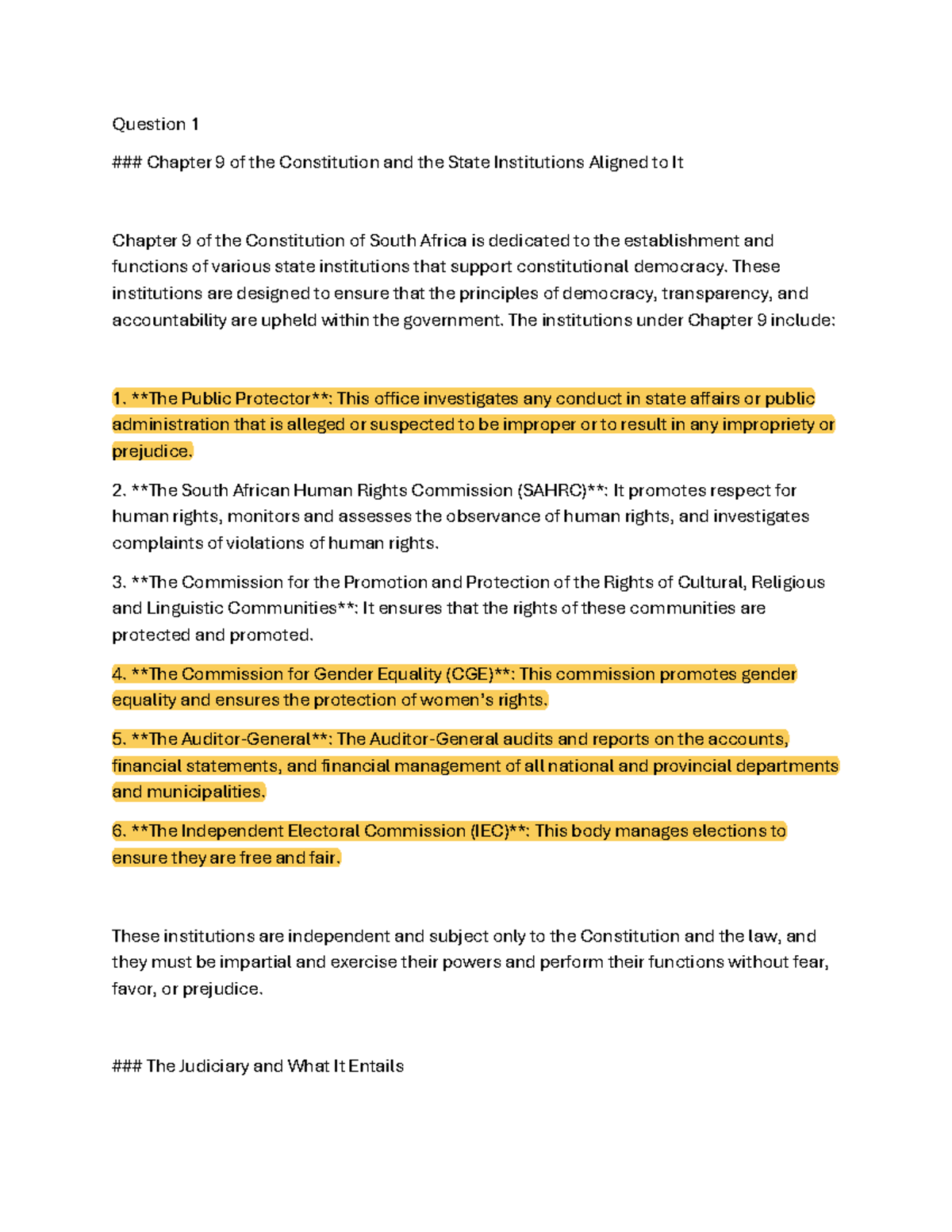 Document 6 - Essays on the constitutional law - Question 1 Chapter 9 of ...