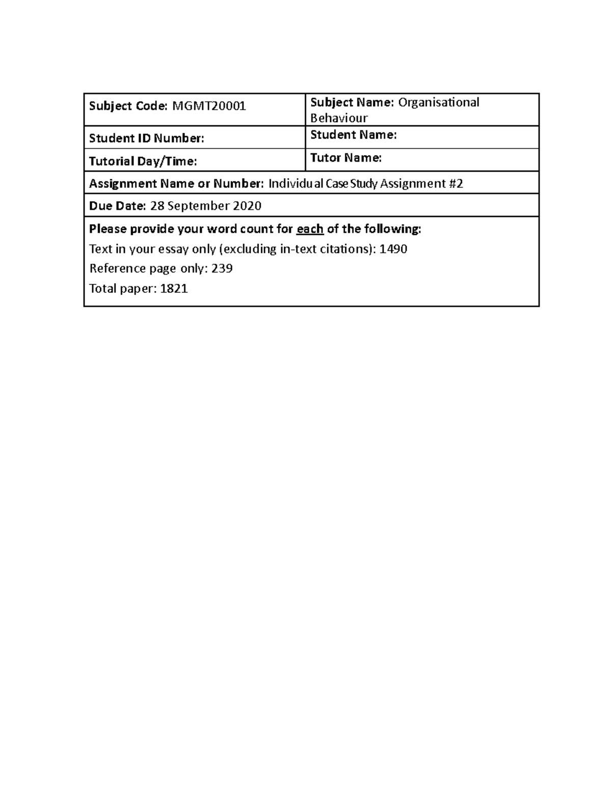 Assignment 2 (OB)-copy - Subject Code: MGMT20001 Subject Name: Organisational Behaviour Student ...