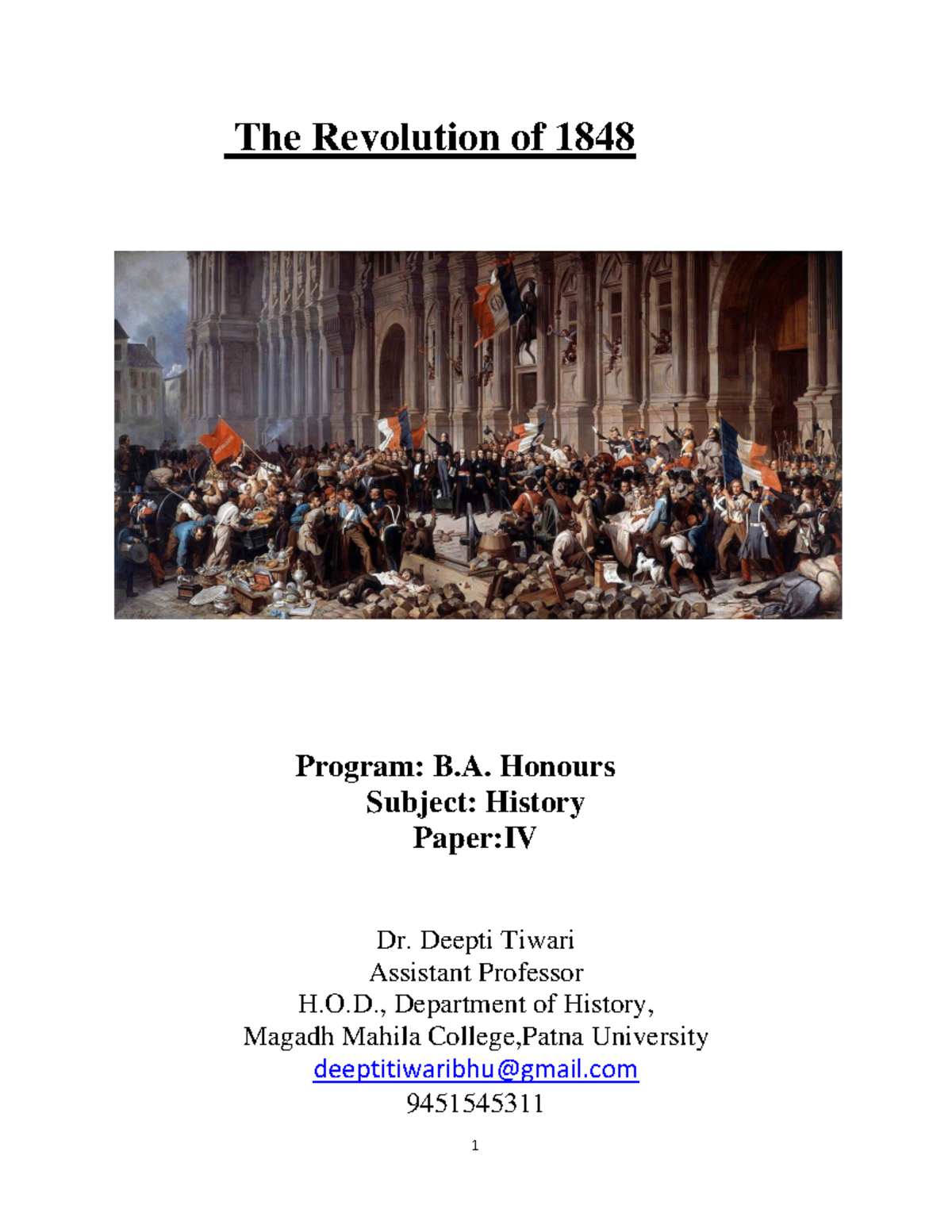The revolution of 1848 - semester 5 modern europe to 1945 unit 3 - The ...