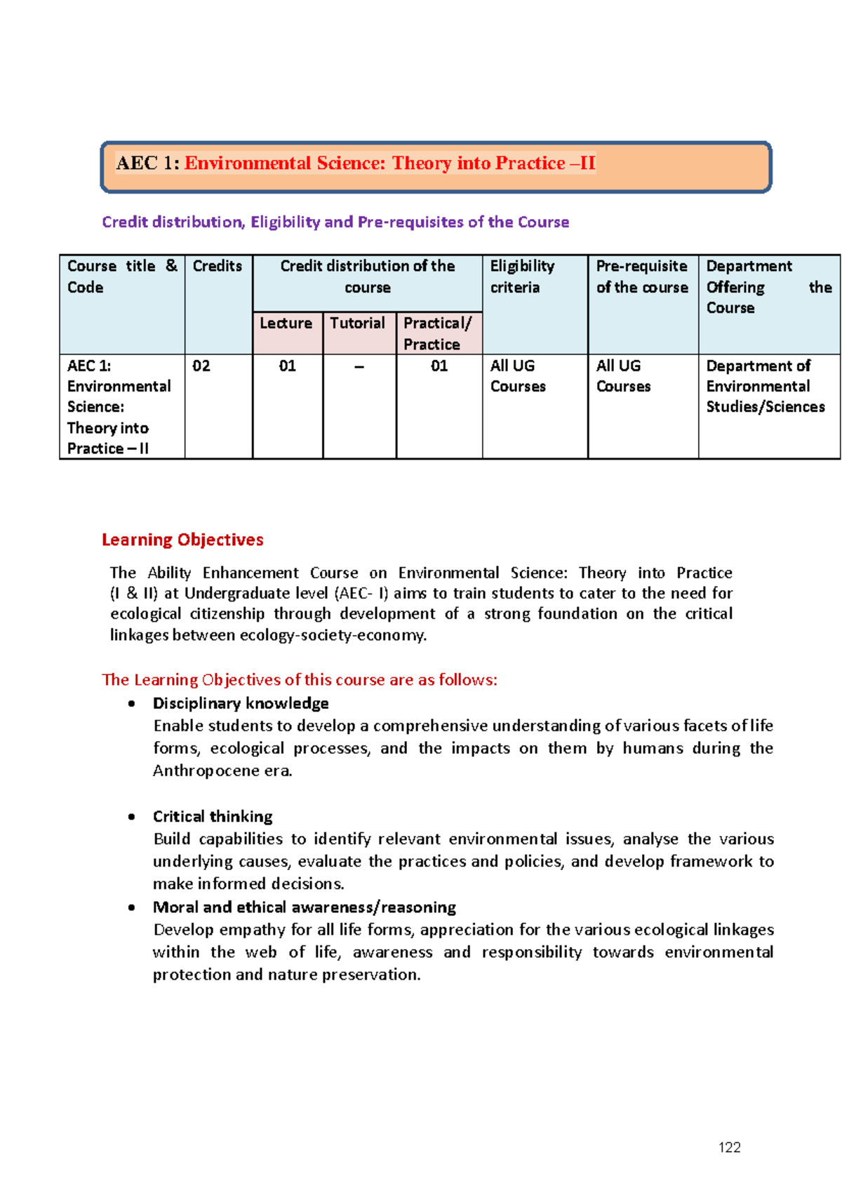 AEC Environmental Science Syllabus 4th Sem - Credit distribution ...