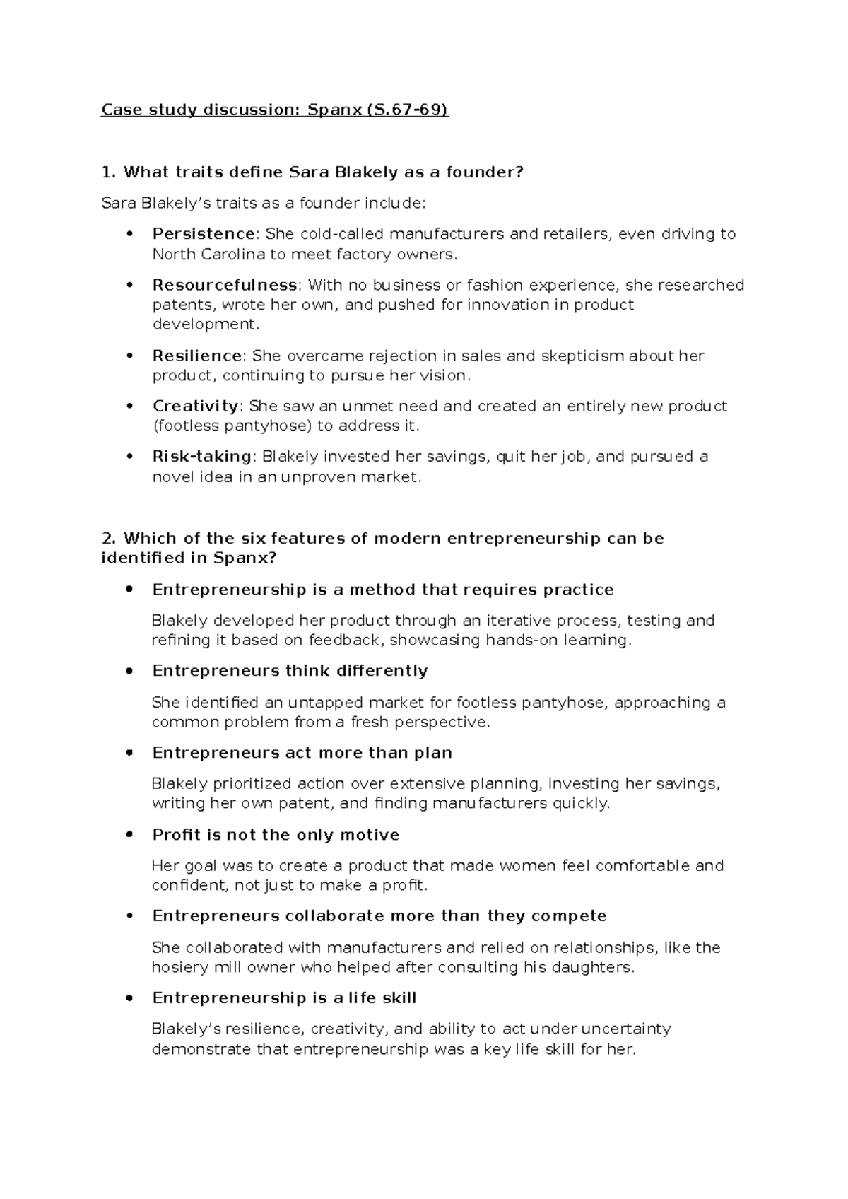 Case Study Spanx - Case study discussion: Spanx (S-69) What traits define Sara Blakely as a ...