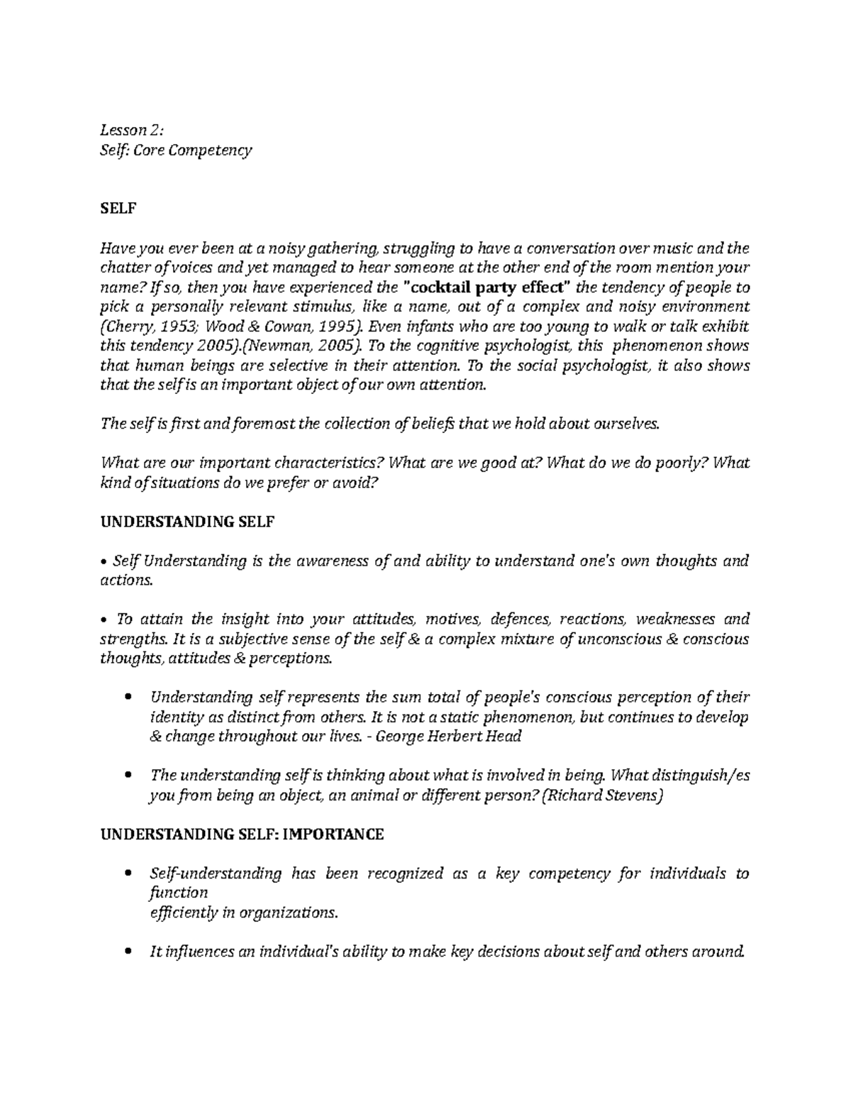 Lesson 2 Understanding the Self - Lesson 2: Self: Core Competency SELF ...