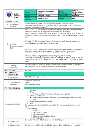 DLL Reflection - VI in LESSON PLAN A. of learners who earned 80% in the ...
