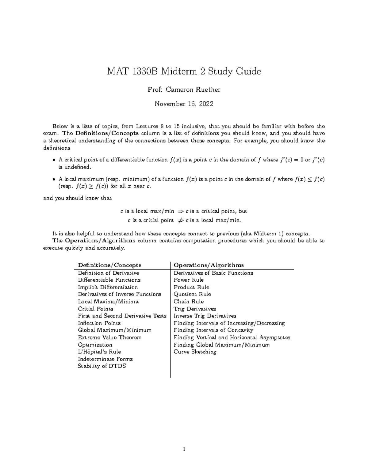 1330B Midterm 2 Study Guide - MAT 1330B Midterm 2 Study Guide Prof ...