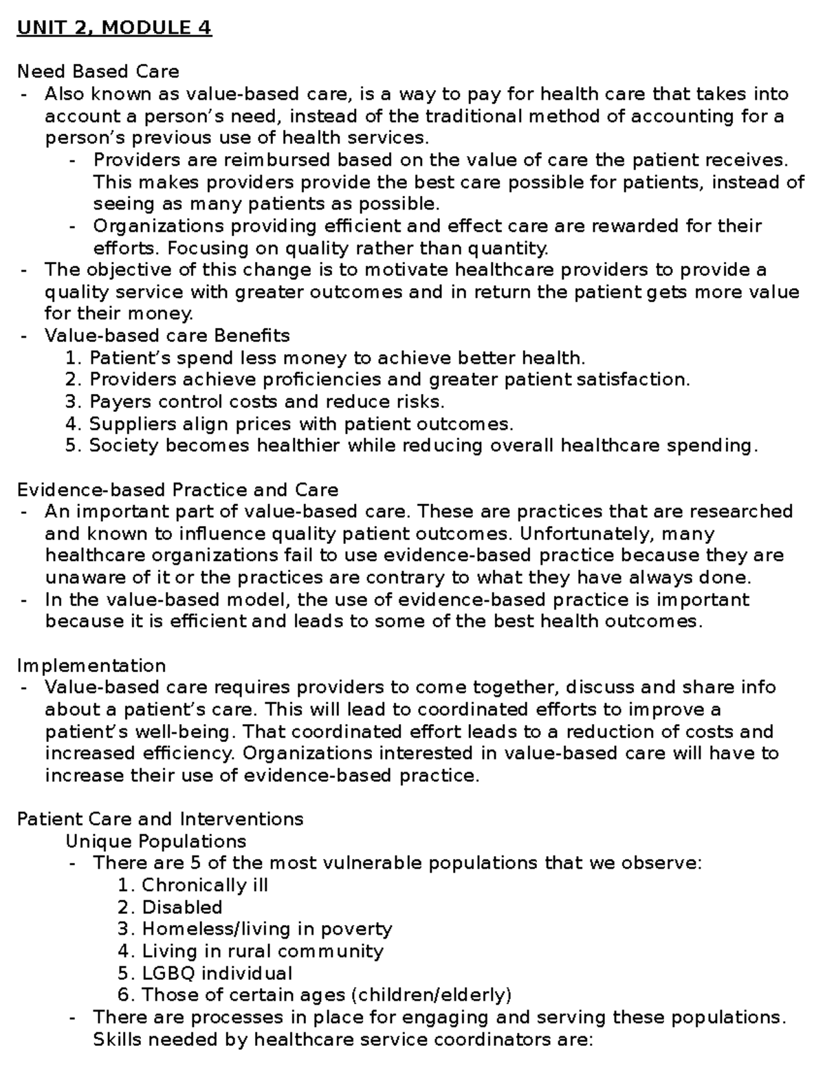 Unit 2, Module 4 - UNIT 2, MODULE 4 Need Based Care - Also known as ...