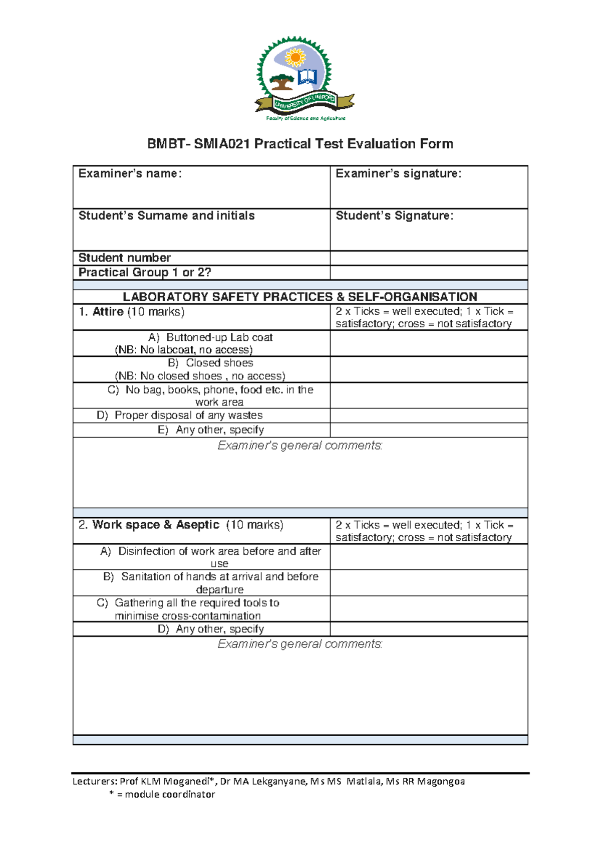 SMIA021 Practical Assessment form - Lecturers: Prof KLM Moganedi*, Dr ...