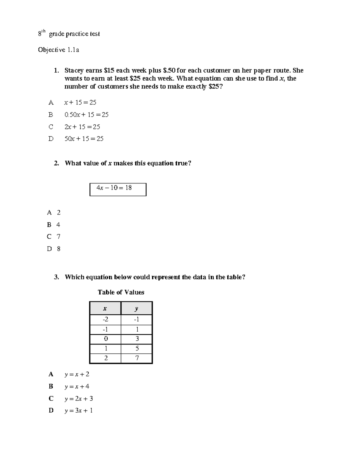 Pre-Algebra Practice Test - 8 th grade practice test Objective 1 Stacey ...