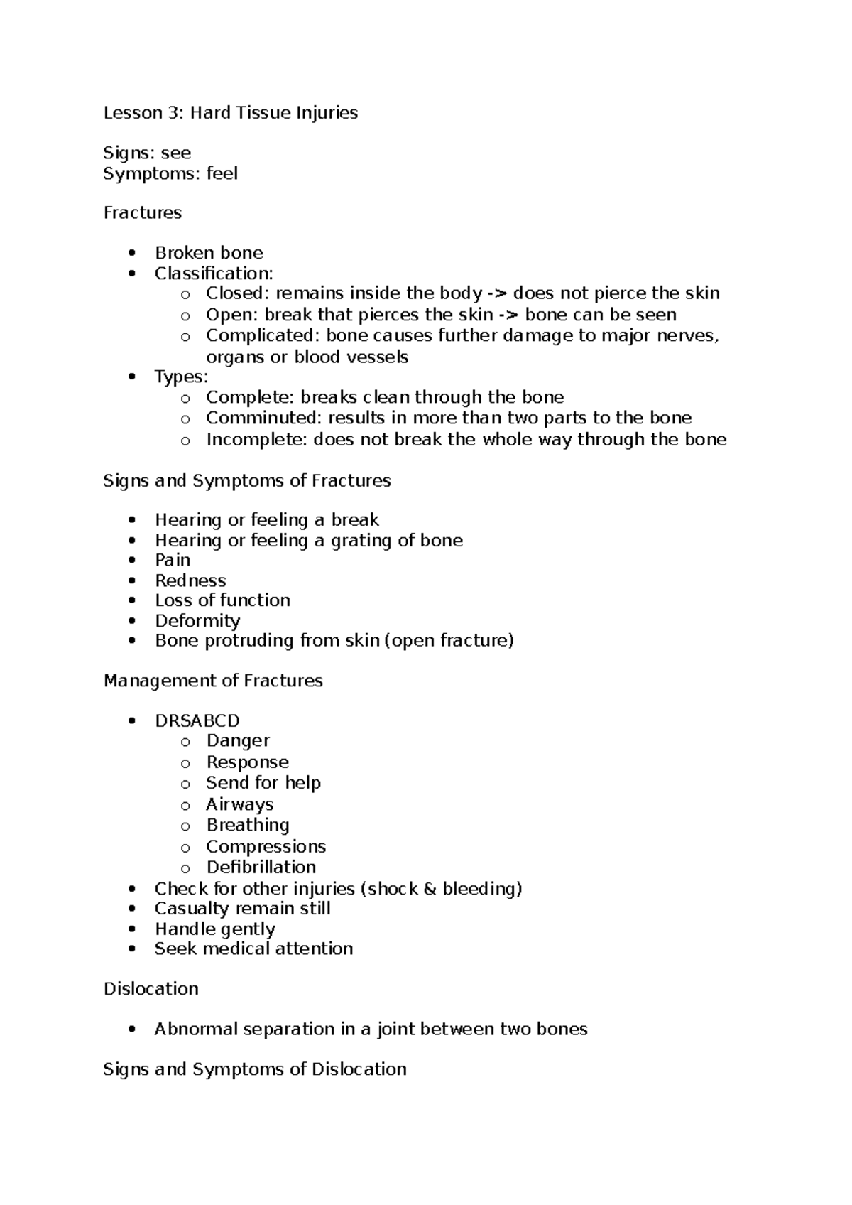 Lesson 3- sports med - Lesson 3: Hard Tissue Injuries Signs: see ...