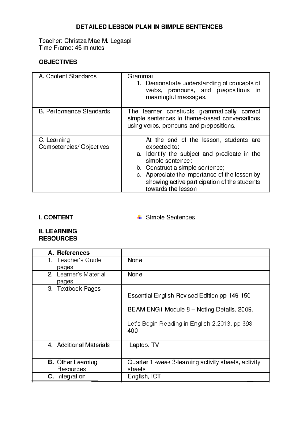 Christza Mae Legaspi DLP DETAILED LESSON PLAN IN SIMPLE SENTENCES 