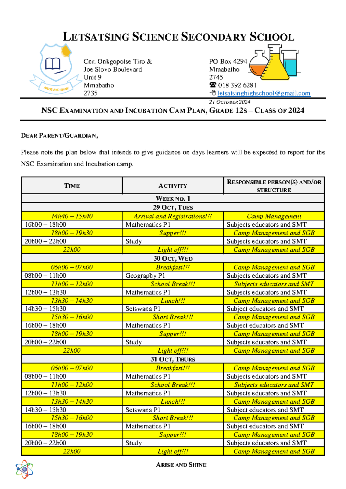 NSC Examination and Incubation Plan 2024 - LETSATSING SCIENCE SECONDARY ...