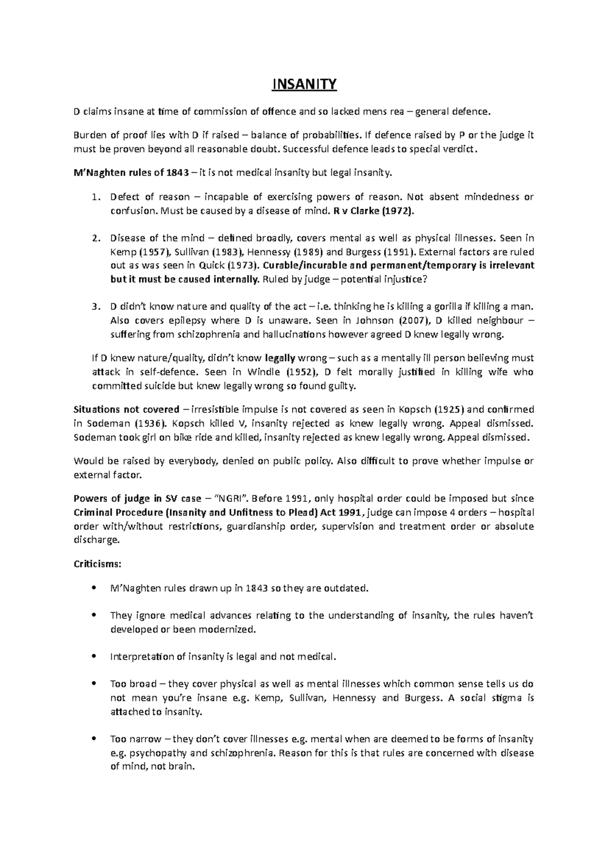 Insanity Revision - Lecture notes 1 - INSANITY D claims insane at ime ...