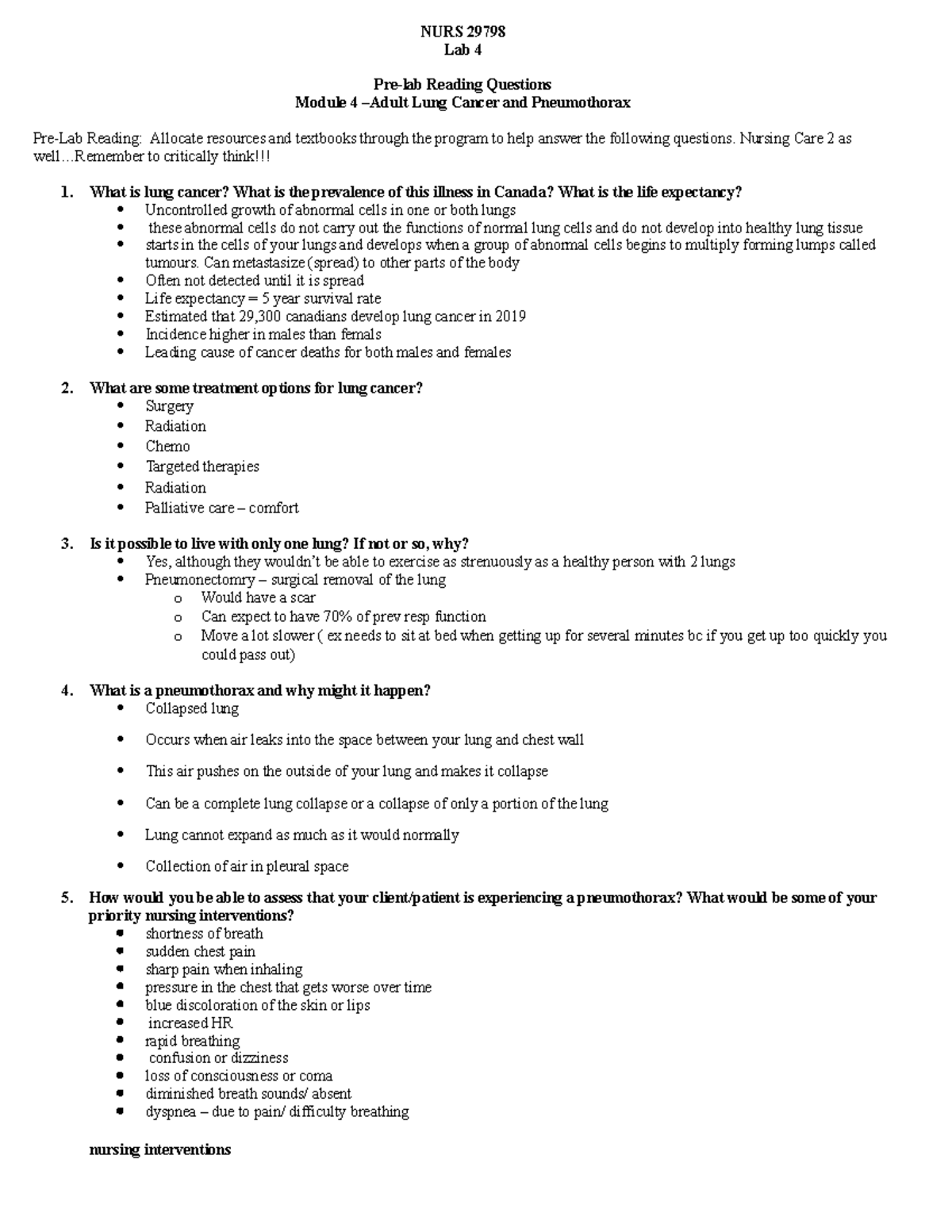 Module 4- Adult Lung Cancer and Pneumothorax- Pre-lab reading - NURS ...