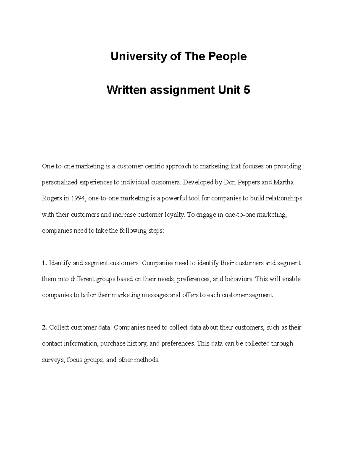 Written Assignment unit 5 Marketing - University of The People Written assignment Unit 5 One-to ...